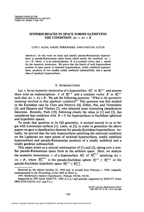 Pdf Hypersurfaces In Space Forms Satisfying The Condition Δx Ax B