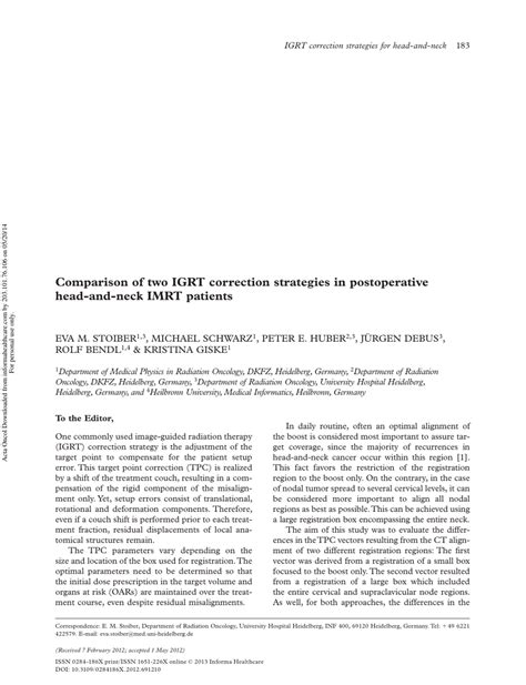 Pdf Comparison Of Two Igrt Correction Strategies In Postoperative Head And Neck Imrt Patients