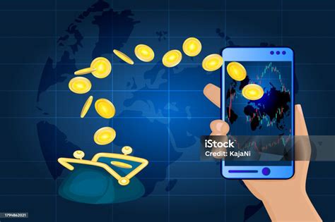 세계지도 배경 스마트 폰을 가진 손 화면의 촛대 그래프 차트 및 떨어지는 돈과 지갑 Brand Name Smart Phone에 대한 스톡 벡터 아트 및 기타 이미지