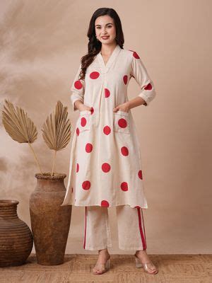 Buy Fashor Women Cotton Off White V Neck Polka Dots Kurta With Pant
