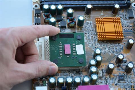 CPU Socket On Motherboard Computer With Installed A Processor And Radiator Cooling Or Heat Sink