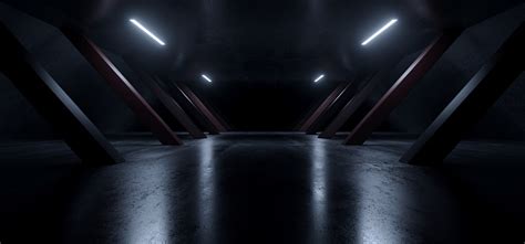 미래 공상 과학 소설 주차 복도 터널 복도 삼각형 기둥 차고 창고 외계인 우주선 사이버 펑크 블루 빛나는 콘크리트 반사 어두운 밤 배경 3d 렌더링 0명에 대한 스톡 사진