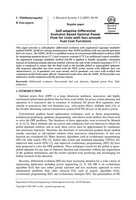 Pdf Self Adaptive Differential Evolution Based Optimal Power Flow For