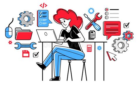Technician Computer Engineer Woman Repairing Pc Vector Outline