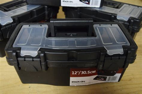 Four 12 Inch Stack On Plastic Tool Boxes With Removable Tray And