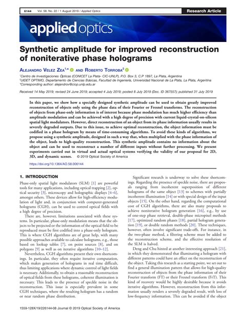 Pdf Synthetic Amplitude For Improved Reconstruction Of Noniterative Phase Holograms