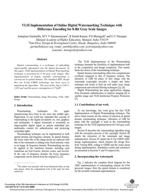 Vlsi Implementation Of Online Digital Watermarking Technique With Difference Encoding For 8 Bit