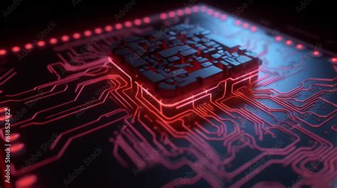 Closeup Red And Circuit Board Hacking In Engineering Theft Cyber
