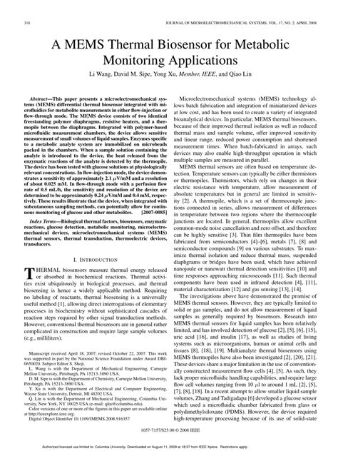 Pdf A Mems Thermal Biosensor For Metabolic Monitoring Applications