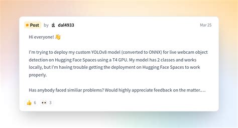 Dal4933 On Hugging Face Hi Everyone 👋 Im Trying To Deploy My Custom Yolov8 Model Converted