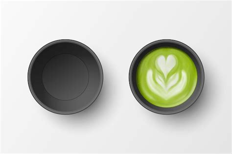 벡터 3d 현실적인 종이 검은 일회용 컵 세트 흰색 배경에 고립 녹색 우유 거품 말차 주식 벡터 일러스트 레이 션 꽃 심장 패턴 디자인 서식 파일 상위 뷰 프리미엄 벡터