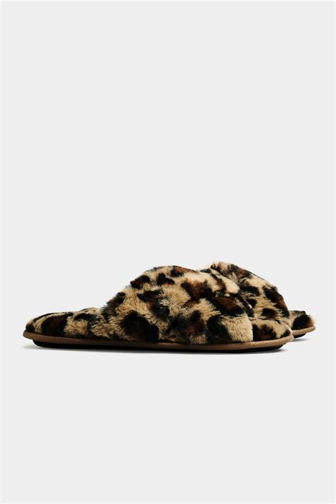 Lts Leopard Print Faux Fur Cross Strap Slippers In Standard Fit Long Tall Sally