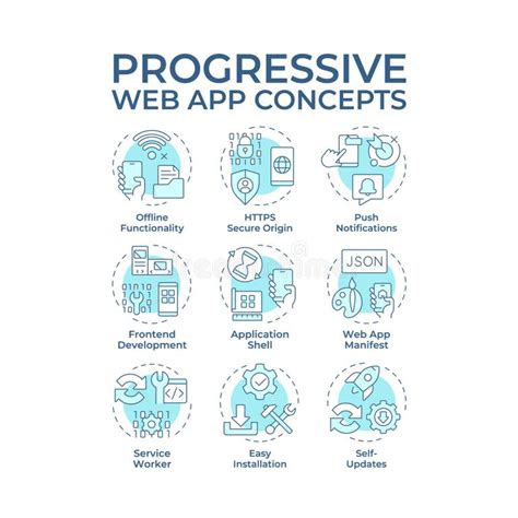Progressive Web App Soft Blue Concept Icons Stock Vector Illustration Of Graphic Design