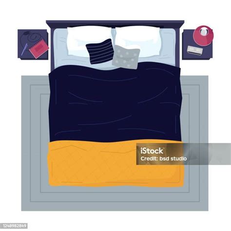 사람이 세미 플랫 Rgb 색상 벡터 일러스트와 현대 침대 침실 항목 액세서리와 흰색 배경에 고립 된 만화 개체패션 린넨과 수면 장소 침대에 대한 스톡 벡터 아트 및 기타