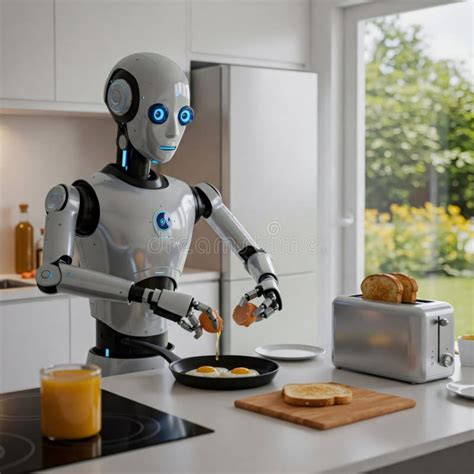 domestic robot cooking breakfast with eggs and toast in modern kitchen