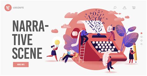 내레이션 독서 문학 시 방문 페이지 템플릿을 즐기는 사람들거대한 타자기의 작은 캐릭터 작가에 대한 스톡 벡터 아트 및 기타