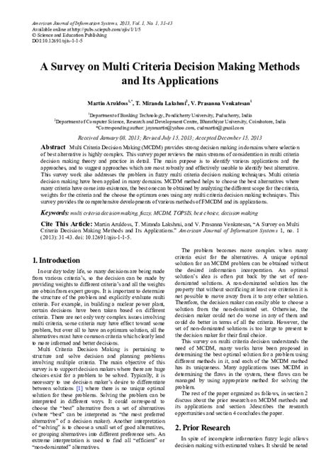 Pdf A Survey On Multi Criteria Decision Making Methods And Its Applications