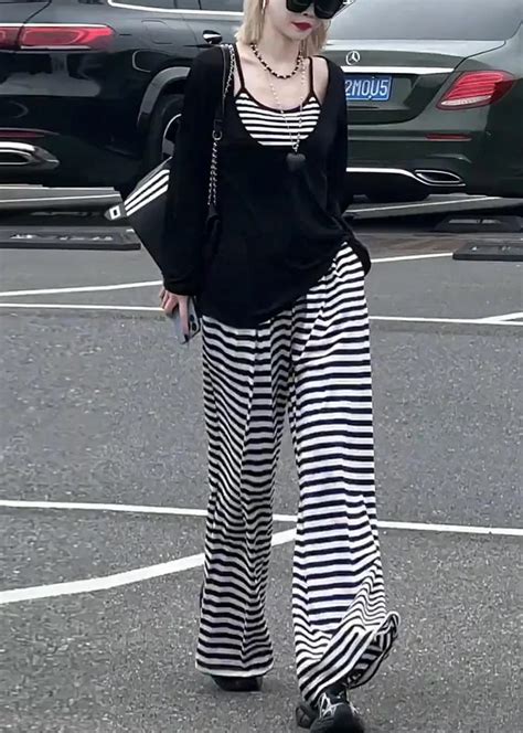 Striped Black Tops And Wide Leg Pants Cotton Three Piece Set Fall