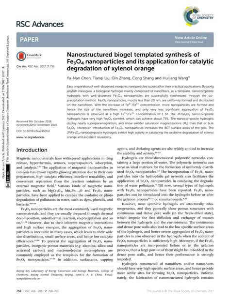 Pdf Nanostructured Biogel Templated Synthesis Of Fe 3 O 4 Nanoparticles And Its Application