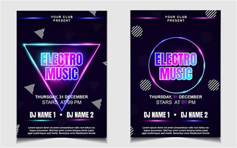 나이트 댄스 파티 일렉트로 뮤직 포스터 레이아웃 디자인 템플릿 배경과 우아한 스타일 네온 라이트 컬러풀 한 스타일 3차원 형태에 대한 스톡 벡터 아트 및 기타 이미지