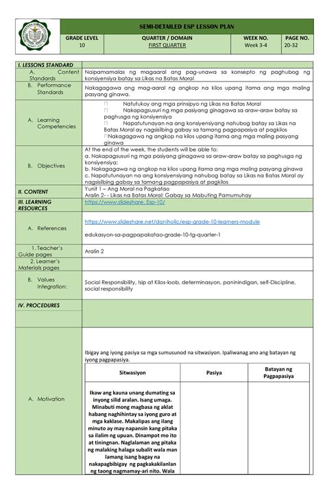 Esp 10 Week 3 4 Esp 10 Semi Detailed Esp Lesson Plan Grade Level 10 Quarter Domain First
