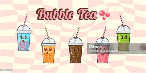 분홍색 물결 모양 배경에 다양한 감정과 화려한 타피오카 진주를 가진 귀여운 만화 거품 차 컵 어린이 메뉴 디자인 또는 소셜 미디어 콘텐츠에 적합한 장난기 넘치는 카와이