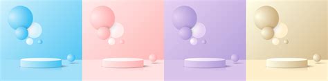 파스텔 블루 핑크 퍼플 베이지색 또는 갈색 배경이 있는 사실적인 3d 실린더 받침대 연단 세트는 공중에 떠 있는 구체 공 그룹과