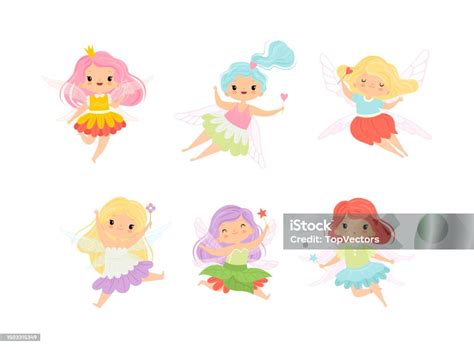 매직 지팡이 벡터 세트와 비행 미묘한 날개와 귀여운 작은 픽시 소녀 가공의 인물에 대한 스톡 벡터 아트 및 기타 이미지 가공의 인물 개체 그룹 경외감 Istock