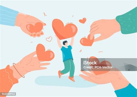 자선 프로젝트에서 도움을 받고 심장을 가진 작은 만화 남자 자선 및 구제 사업에 대한 스톡 벡터 아트 및 기타 이미지 자선