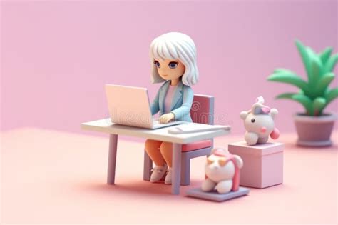 A Business Girl Working With Laptop On Desk 3d Tiny Cute Isometric Generative Ai Stock