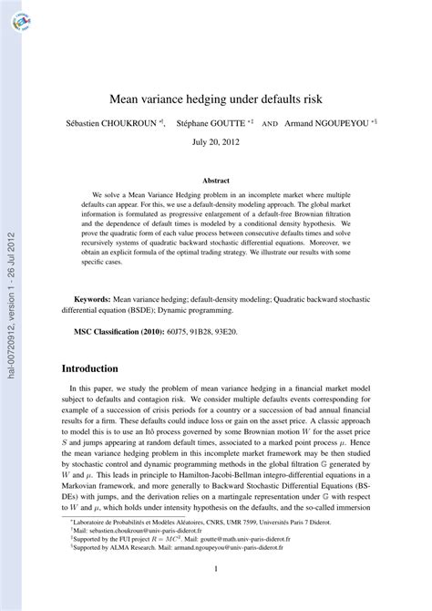 Pdf Mean Variance Hedging Under Defaults Risk