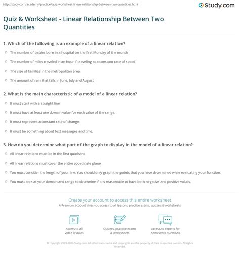 Quiz And Worksheet Linear Relationship Between Two Quantities