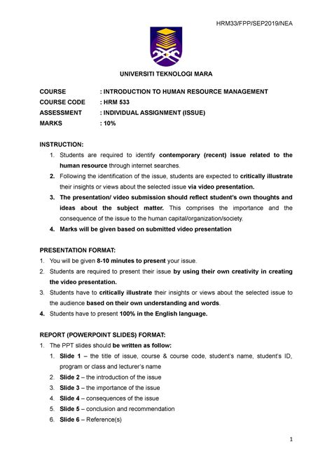 Individual Assignment Issue Hrm533 Nea Hrm33fppsep2019nea