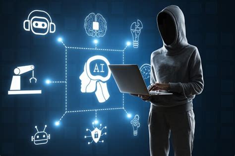 Premium Photo Hacker Using Laptop With Creative Glowing Ai Hologram With Digital Human Head On