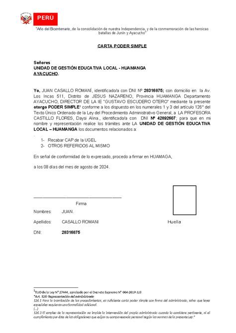 Formato de Carta Poder Simple PERÚ Año del Bicentenario de la consolidación de nuestra Studocu