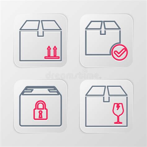 Set Line Delivery Box With Fragile Content Locked Package Package Check Mark And Cardboard
