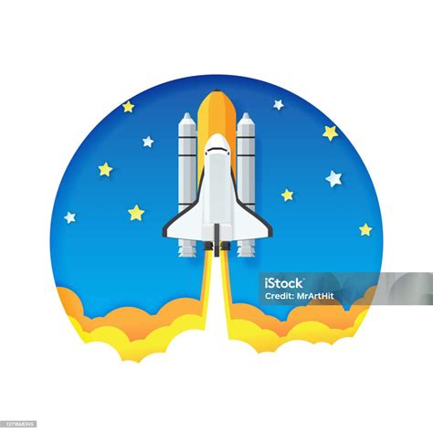 종이 접기 로켓 발사의 종이 아트 스타일은 원 디자인의 공간에 발사 비즈니스 개념을 시작 Ship Launch에 대한 스톡 벡터 아트 및 기타 이미지 Ship
