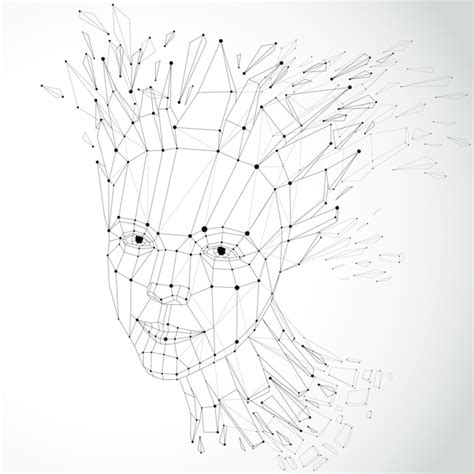 낮은 폴리 스타일과 연결된 선 3d 벡터 흑백 와이어프레임 인간 머리 지능과 상상력을 상징하는 뇌 폭발로 만들어진 생각하는