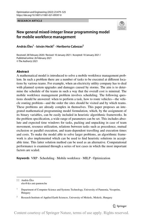 Pdf New General Mixed Integer Linear Programming Model For Mobile Workforce Management