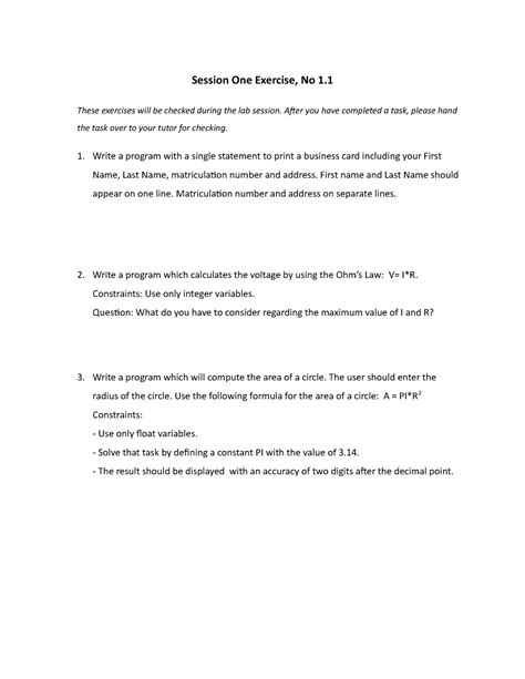 Exercise 1 1 Solution Lab Session One Exercise No 1 These Exercises Will Be Checked During