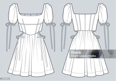 컷 아웃 미니 드레스 마녀 코르셋 기술 패션 일러스트 퍼프 슬리브 드레스 패션 플랫 기술 도면 템플릿 넥타이 스퀘어 넥 짧은 소매 지퍼업 앞면 뒷면보기 흰색 여성 Cad