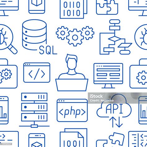 플랫 라인 아이콘이 있는 소프트웨어 개발 원활한 패턴 프로그래밍 언어 배경 응용 프로그램 Api 컴퓨터 프로그램은 벡터 그림을 개발합니다 웹 사이트 디자인에 대한 개요 벽지