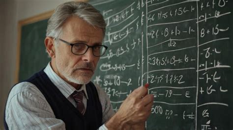 Concentrated Aged Math Teacher Looking At Chalkboard Premium Ai