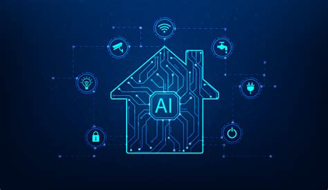 스마트 홈 Iot 기술 라인 회로 및 파란색 배경에 기호 사물 인터넷 기술 개념 Wifi 장치 네트워크 혁신 연결 아이콘입니다 Ai 자동 제어 인공지능에 대한 스톡 벡터