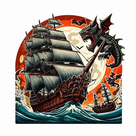Premium Vector Epic Flying Monster Attacking Pirate Ship In Die Cut