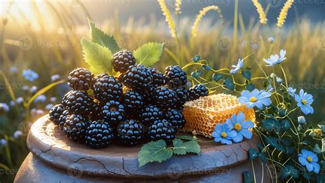 Fresh Blackberries And Honeycomb On A Rustic Pot With Wildflowers In A
