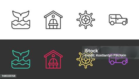 설정 라인 고래 꼬리 농장 집 선박 스티어링 휠 및 자동차 흑백 벡터 검은색에 대한 스톡 벡터 아트 및 기타 이미지 검은색