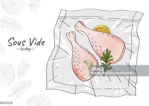 향신료와 레몬 진공이 포장 된 원시 칠면조 다리의 벡터 손으로 그린 스케치 일러스트레이션 Sousvide 슬로우 쿠킹 기술 개체 그룹에 대한 스톡 벡터 아트 및 기타 이미지