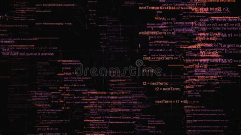 abstract program code written and moved in the virtual space animation camera moving through