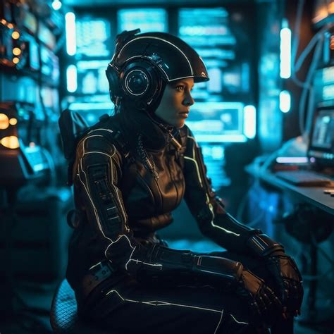 Premium Ai Image Sleek Black Cybernetic Suit Hacker Illustration